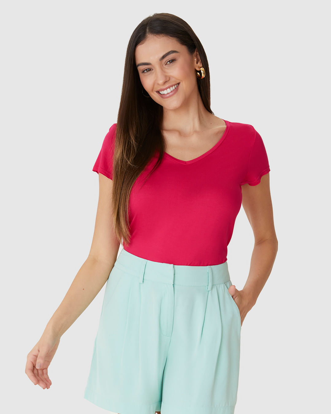 Blusa Básica Feminina Mullet Decote V Em Viscose Stretch ROSA - Malwee