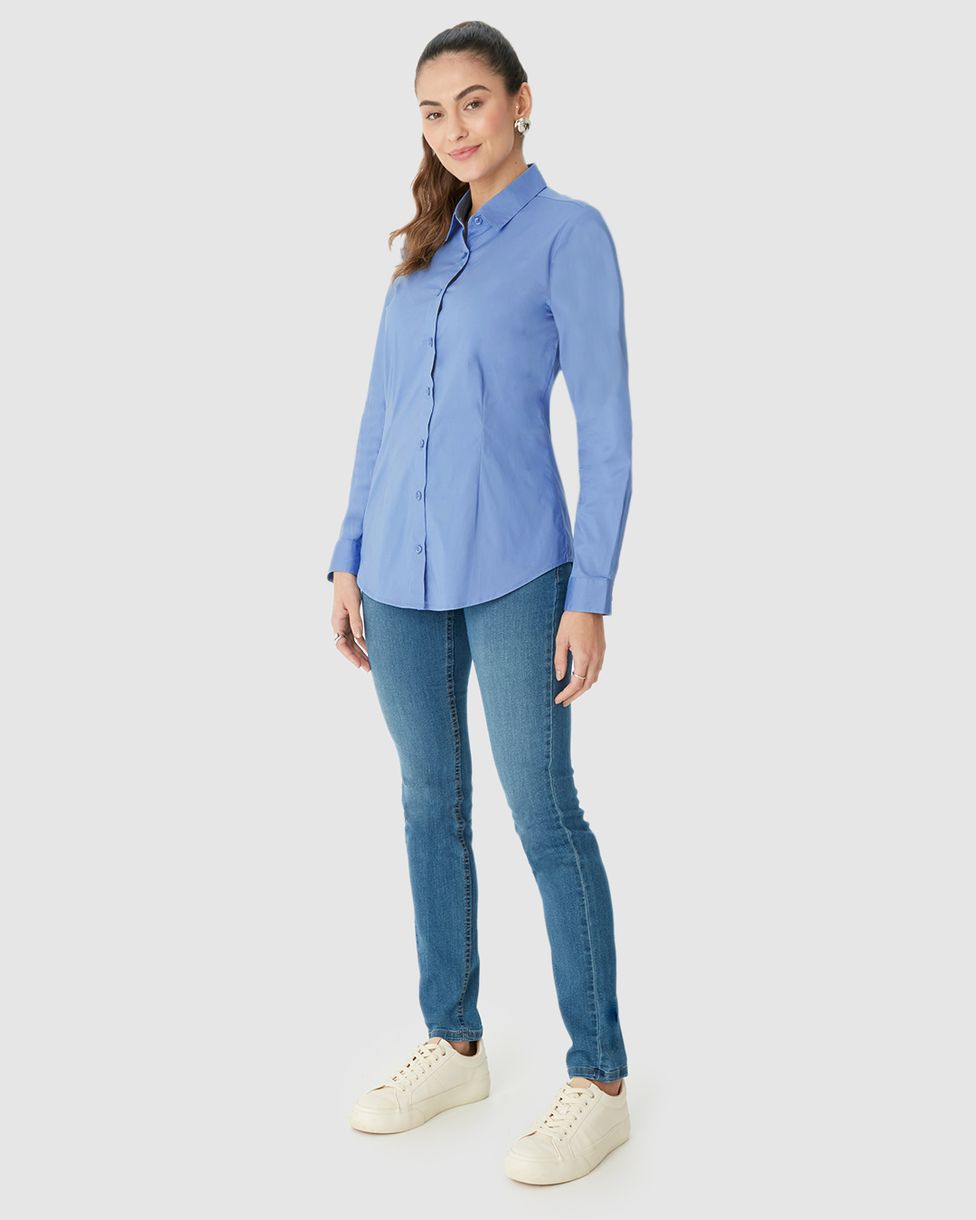 Camisa Básica Feminina Manga Longa Em Tricoline AZUL - Malwee