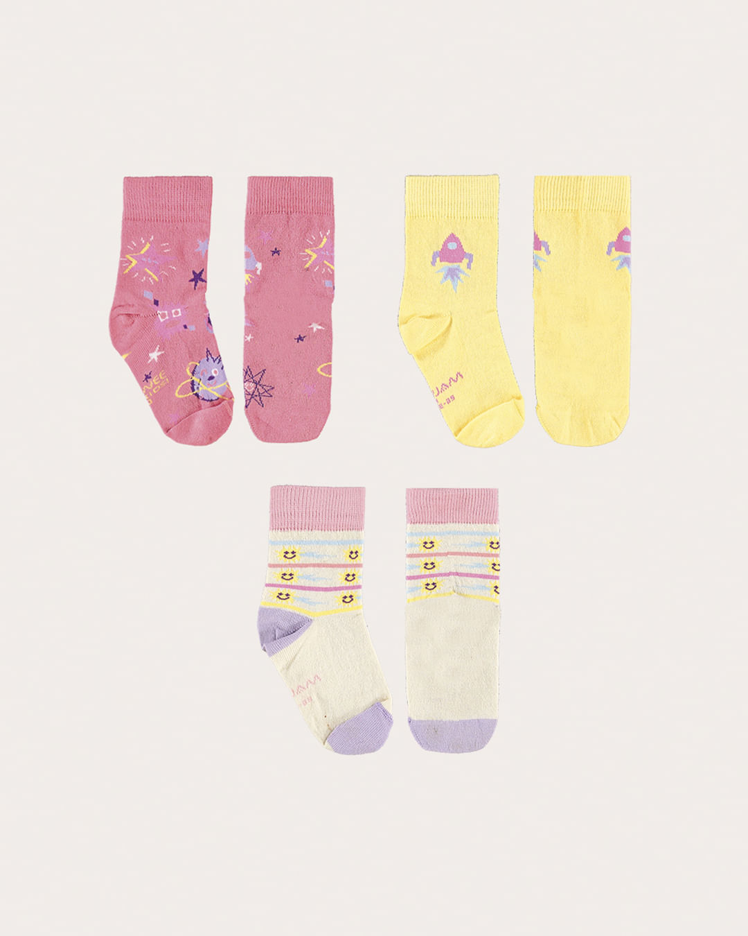 Kit 3 Meias Infantis Menina Canelado Malwee Kids Rosa-260 - Malwee