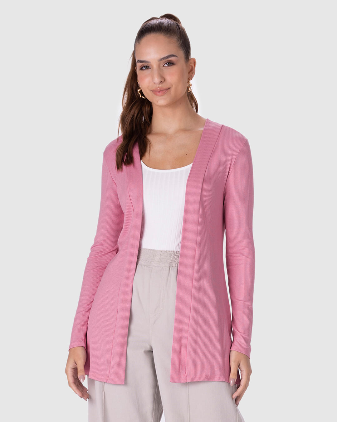 Cardigan Feminino Manga Longa Em Malha Canelada De Viscose ROSA - Malwee