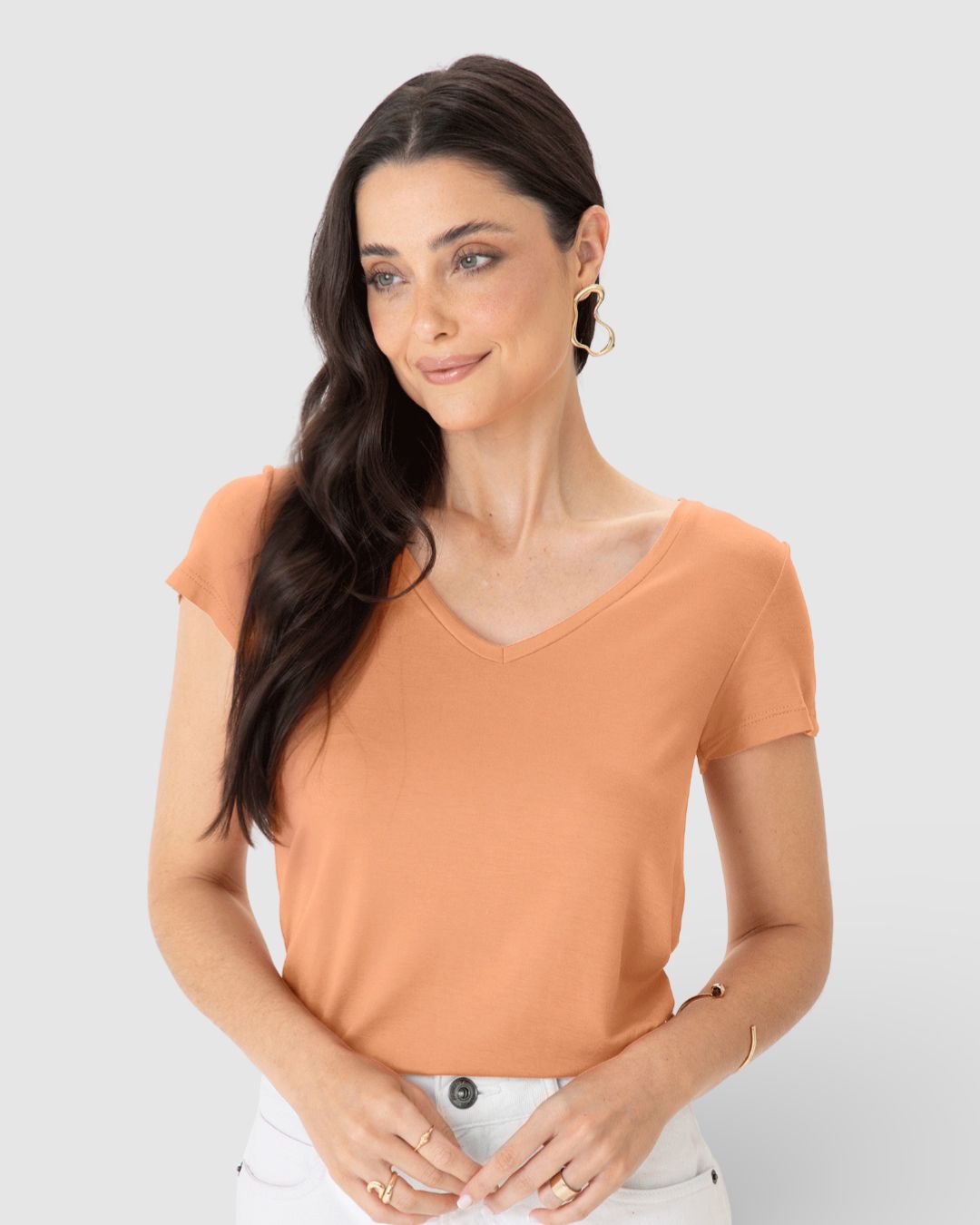 Blusa Básica Feminina Mullet Decote V Em Viscose Stretch LARANJA - Malwee