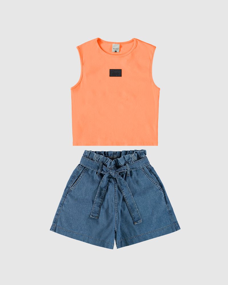 Conjunto Menina Shorts Com Cinto Em Jeans Malwee Kids LARANJA - Malwee