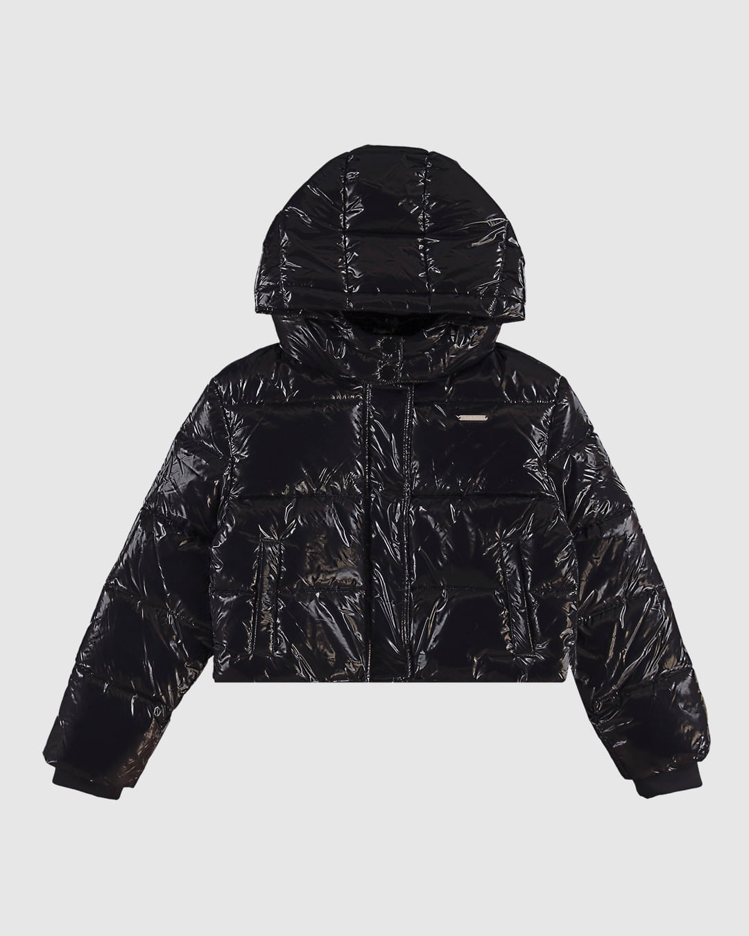 Jaqueta Menina Puffer Com Capuz Em Tecido Metalizado - Carinhoso PRETO ...